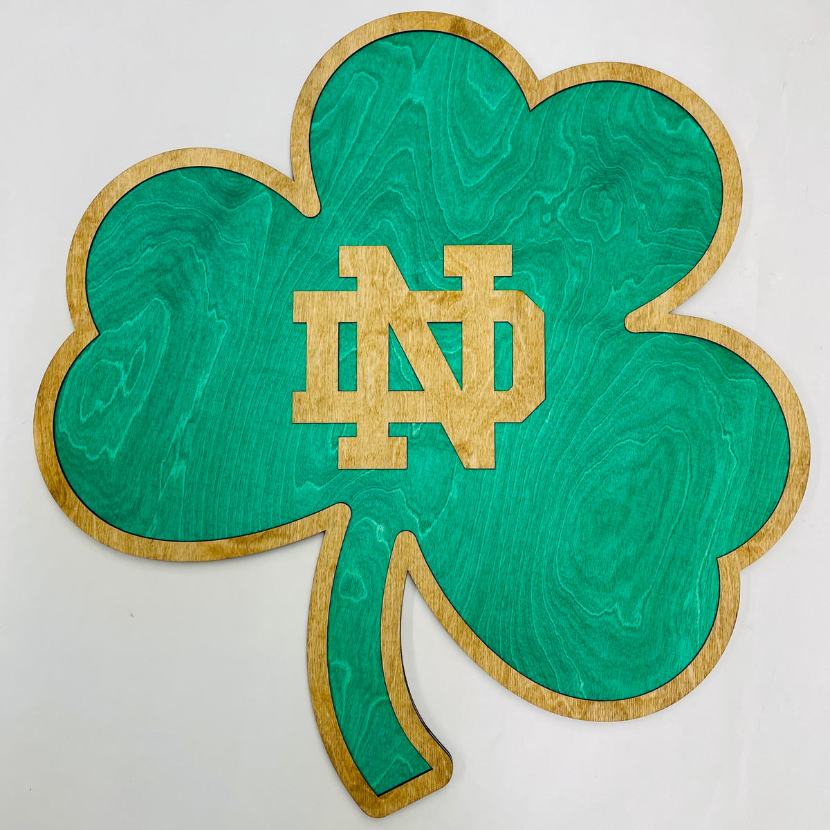 Premium Notre Dame Monogram on Green Shamrock Wall Art – Irish Woodworks